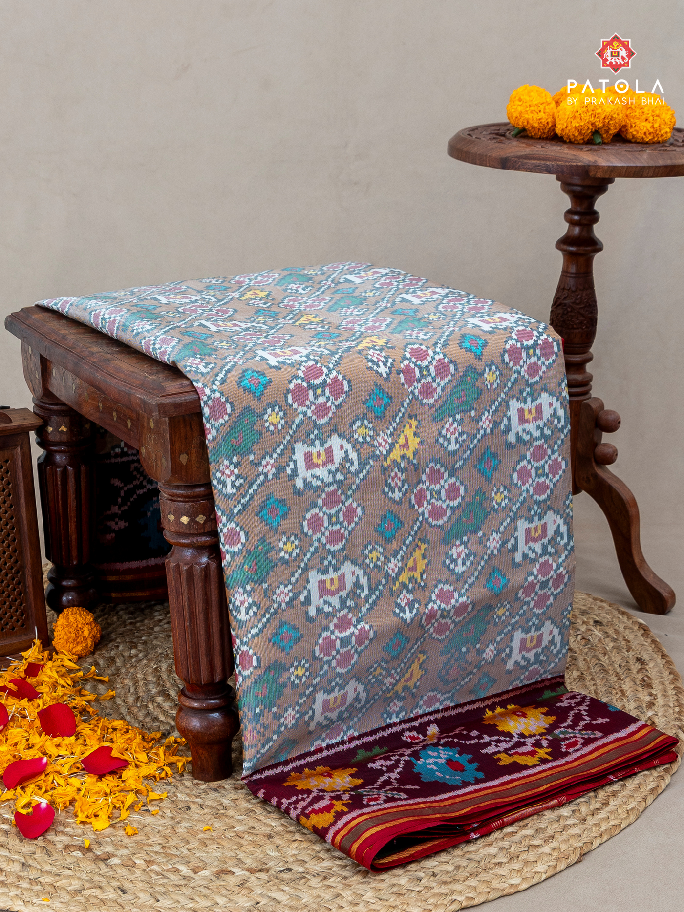 Animals With cross Laheriya Design Semi Double Ikat Patola Saree ...