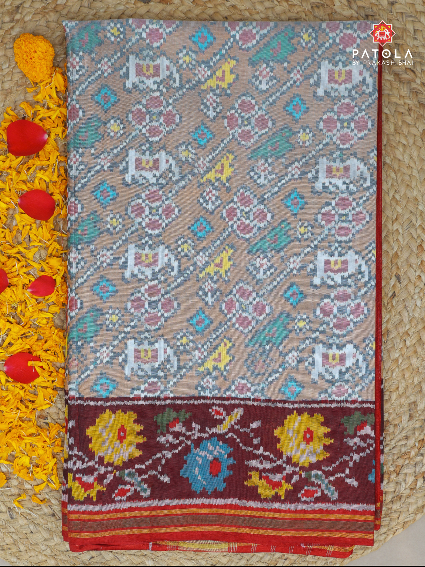 Animals With cross Laheriya Design Semi Double Ikat Patola Saree ...